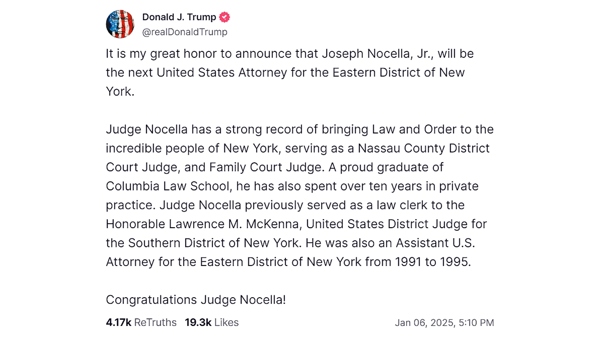 Trump Names Joseph Nocella Jr. as US Attorney for New York’s Eastern ...